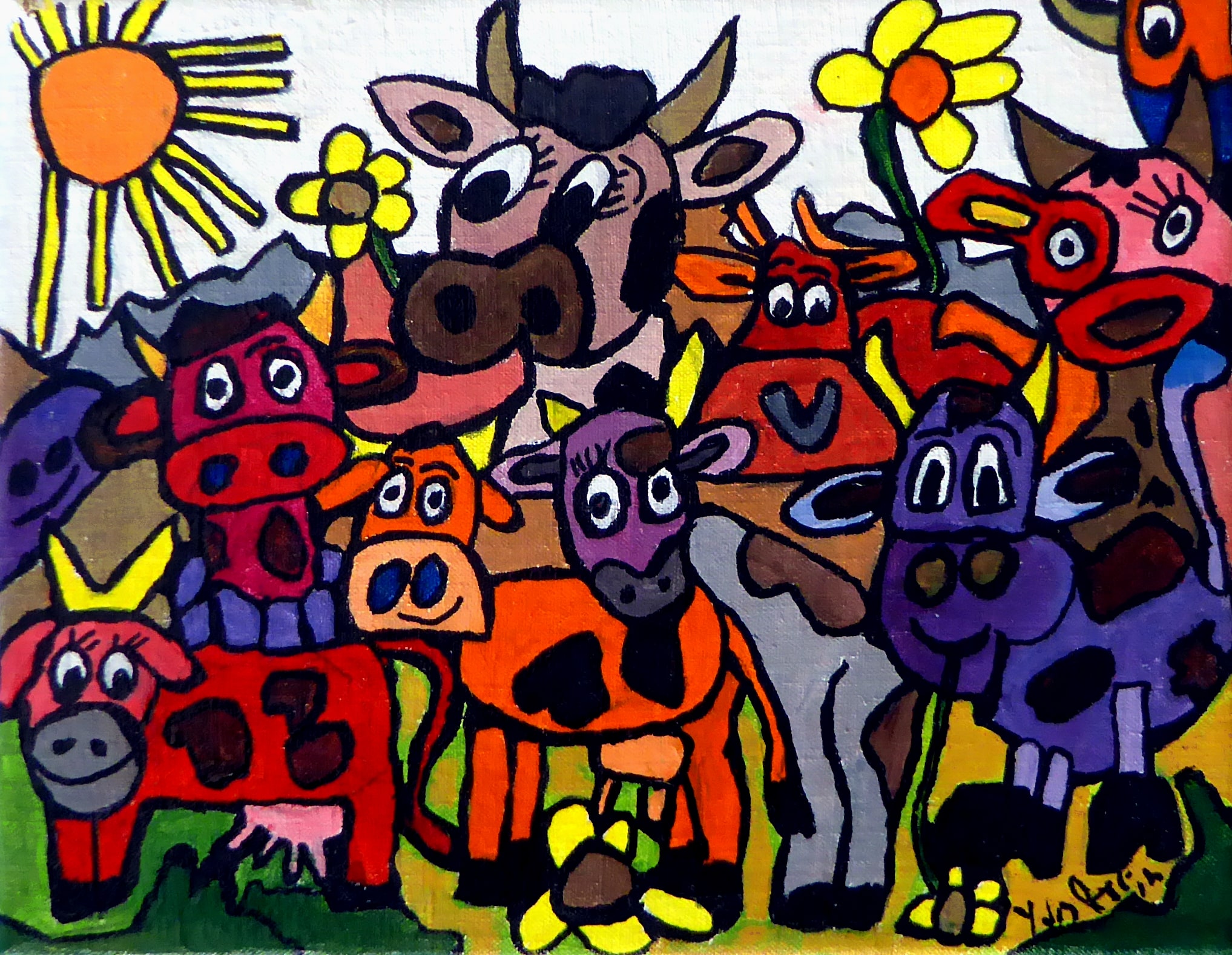 Tableau coloré moderne vaches heureuses